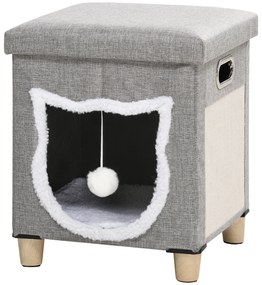 PawHut kočičí jeskyně s polštářem a škrabací podložkou, hrací míč, protiskluzová, šedá, polyester pro kočky | Aosom.de