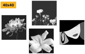 Set obrazů elegance ženy a květin v černobílém provedení Varianta: 4x 40x40