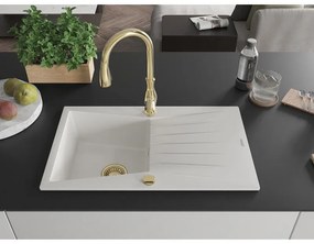 Mexen Cesar, 1-komorový granitový dřez 775x470x190 mm a dřezová baterie Savita, bílá, 6514-20-672601-50