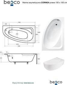 Besco CORNEA 150 cm VANCOR150P vana bez nožiček pravá