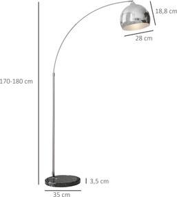 HOMCOM Stojací lampa, 40 W, 100-115L x 30W x 170-180H cm, výškově nastavitelná, otočná, oblouková lampa s žárovkou, patice E27, stříbrná