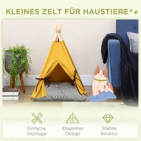 PawHut kočičí domeček teepee stan pro psy s polštářem, protiskluzový, s míčkem na hraní, z borovicového dřeva, vnitřní, žlutý| Aosom