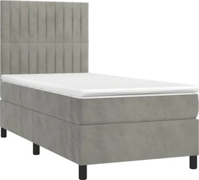 Box spring postel s matrací a LED světle šedá 90x200 cm samet 3136221