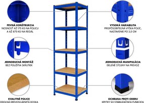 Regál 180x40x40 cm lakovaný 5-policový, nosnost 875 kg - modrý - 6ks