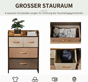 HOMCOM Textilní Komoda se 4 Skládacími Zásuvkami, Dřevěný Vrchní Plocha a Kovový Rám pro Obývací Pokoj 58x29x78,5 cm Vícebarevná