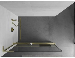 Mexen Kioto+ L, sprchová zástěna Walk-In s poličkou a věšákem 110 x 200 cm, 8mm čiré sklo černý vzor, ​​zlatý matný profil, 800-110-123-55-70