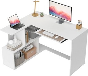 HOMCOM Rohový stůl do L, 120 x 100 x 76 cm – výsuvná police na klávesnici, 4 otevřené přihrádky, moderní bílý