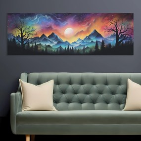 Obraz na plátně - Tmavé listnáče a barevná noční obloha FeelHappy.cz Velikost obrazu: 150 x 50 cm