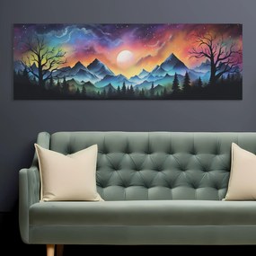 Obraz na plátně - Tmavé listnáče a barevná noční obloha FeelHappy.cz Velikost obrazu: 180 x 60 cm