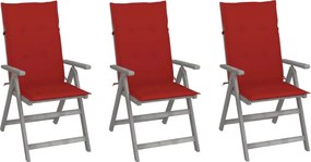 vidaXL Zahradní polohovací židle s poduškami 3 ks masivní akácie [3064738] Barva: Červená