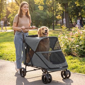 Skládací psí kočárek PawHut – nosnost až 40 kg, odpružení na 4 kolech, přední kola otočná o 360°, pratelná vložka, nastavitelná rukojeť, šedý