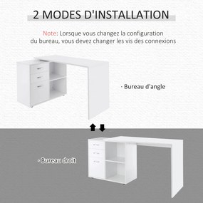 HOMCOM Bílý Moduární Rohový Rovný Stůl Jídelní Stůl 2 v 1 Počítačový Stůl 3 Šuplíky + 2 Polic MDF