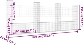 Gabionový koš ve tvaru U se 4 sloupky železo 380 x 20 x 150 cm 151284
