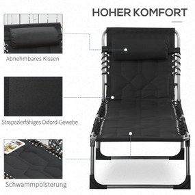 Outsunny Sluneční Lehátko, Skládací Zahradní Lehátko s Polštářem na Hlava, Boční Kapsou, Recliner s 5-Úrovňovým Nastavitelným Opěradlem, Voděodolné K…