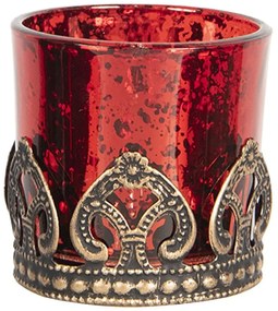 Červený skleněný svícen na čajovou svíčku s kovovým zdobením -Ø  5*5 cm – 5x5 cm