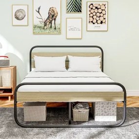 HOMCOM Dvoulůžko 140 x 190 cm, kovový rám v industriálním stylu, čelo a nožní část včetně roštu, dřevěný vzhled