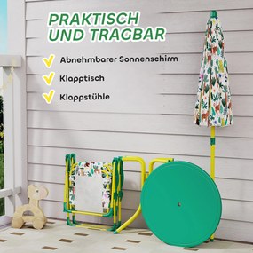 Dětská sedací souprava, 4dílná dětská sedací souprava s odnímatelným slunečníkem, dětský stůl se 2 skládacími židlemi, zelená barva