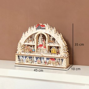 HOMCOM Vánoční vesnička s LED osvětlením, 45 cm vánoční městečko se sněhulákem, sobem a stromy z přírodního dřeva