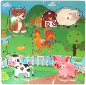 Dřevěné vkládací puzzle na desce s úchyty / Vkládací puzzle / 5 dílků