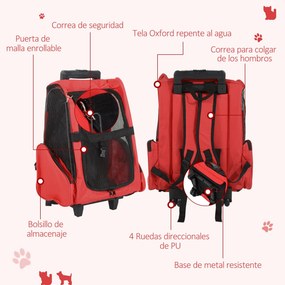 PawHut Pet Carrier Kart 2 v 1 Batoh 42x25x55 cm pro domácí mazlíčky Psy Kočky Červená