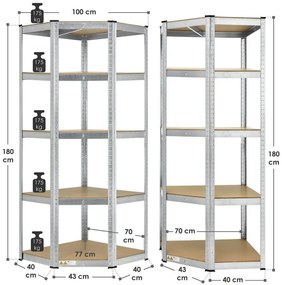 Kovový rohový regál 180x70x40-70 cm, 5 polic, nosnost 875 kg