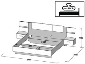 Postel s nočními stolky Ginger 180x200 cm, bílá/beton