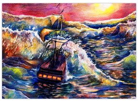 Skleněný obraz - Loď na oceánských vlnách, aquarel (70x50 cm)