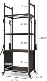 Outsunny Stojan na dřevo 45 x 30 x 118 cm s koly, 4 police, stojan na dřevo pro venkovní i vnitřní použití, do 60 kg, kovový, černý