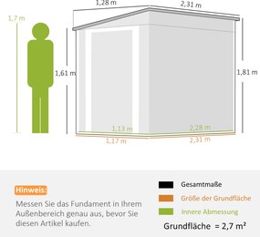 Outsunny Kovová Kůlna na Nářadí 2.7m² 128x231x181cm Se Šikmou Střechou, Okno, Zámek, Voděodolná Exteriérová Kůlna pro Zahradní Prostor Tmavě Šedá