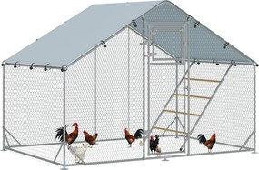 PawHut Výběh pro Slepice se Střechou, Ocelový Kurník 6 m² pro 6–8 Slepic, UV a Voděodolný 420D Kryt, Krmná Dvířka, Závěsné Krmítko a Bidýlka, 3 × 2 ×