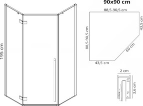 Pětiúhelníkový sprchový kout REA DIAMOND 90x90 cm, černý matný/transparent - bez vaničky