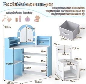 Costway Rohový dětský toaletní stolek se zrcadlem a osvětlením Princezna s židlí