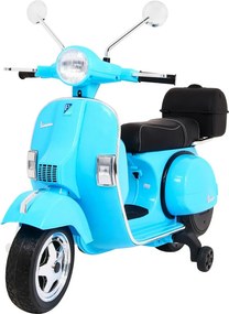 Ramiz Elektrický skútr Vespa pro děti modrý + pomocná kolečka + audio + ekokůže + EVA + plynulý start