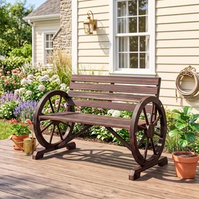 Outsunny Zahradní Lavice Dřevěná Rustikální Lavice s Kolečkovými Opěrkami Wagon Wheel Lavice Venkovní Lavice Terasová Lavice Parková Lavice z Masivní…