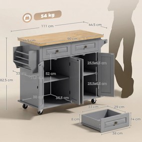 HOMCOM kuchyňský ostrov na kolečkách se zásuvkami, 111 x 44,5 x 82,5 cm, šedý