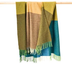 Deka z jehněčí vlny Blue Green Mustard Tan Large Blocks 180 x 137 cm John Hanly