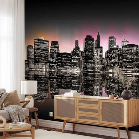 Fototapeta New York - noční panorama s odrazem v zrcadle a barevným podsvícením