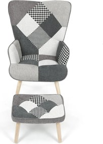 Relaxační křeslo ušák LISA + taburet — masiv, látka, černobílý patchwork