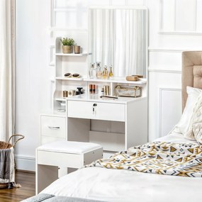 HOMCOM Toaletní stolek s taburetem a zrcadlem, toaletní stůl se 4 zásuvkami, 4 úložnými prostory, moderní styl, 80x38x143 cm Bílá