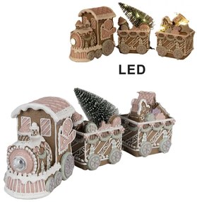 Vánoční dekorace s LED světlem hnědý vláček vezoucí perníčky a stromeček – 30x7x12 cm