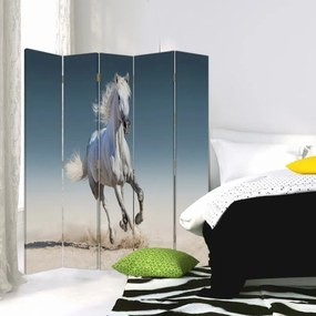 Ozdobný paraván Bílý cválající kůň - 180x170 cm, pětidílný, klasický paraván