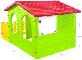 MOCHTOYS Dětský zahradní domeček zeleno-červený / s plotem a tabulí /