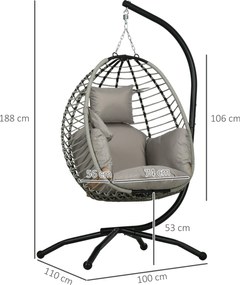 Skládací houpací křeslo ve tvaru vajíčka Outsunny s poduškou a stojanem pro použití v interiéru a exteriéru Metal Polypropylen Lano Šedé 110D x 100Š x