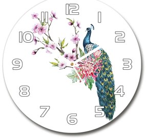 Wallmuralia Skleněné hodiny kulaté Páv a květiny fi 30 cm