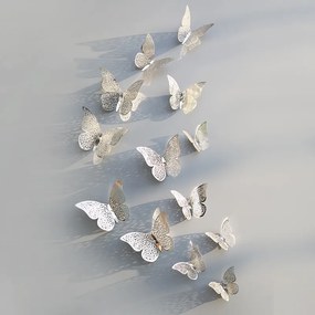 Samolepka na zeď "Metalické Motýli - Stříbrné" 12 ks 8-12 cm