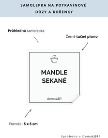 MANDLE SEKANÉ – průhledná samolepka na dózu, tučné písmo, 5 x 5 cm | DomaLEP