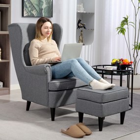 HOMCOM Křeslo s opěrkou a podnožkou - Moderní křeslo s látkovým vzhledem, bederním polštářem, pohodlné křeslo s opěrkami do obývacího pokoje Šedé
