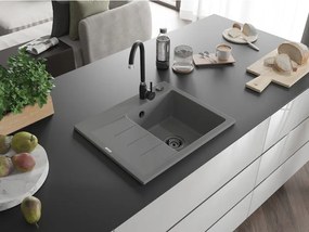 Mexen Ben, 1-komorový granitový dřez 600x500x190 mm, pravý + černý sifon, šedá, 6523605000-71-B