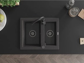 Mexen Carlos, granitový dřez 582x475x177 mm, 1,5-komorový, černá skvrnitá s černým sifonem, 6518581500-76-B