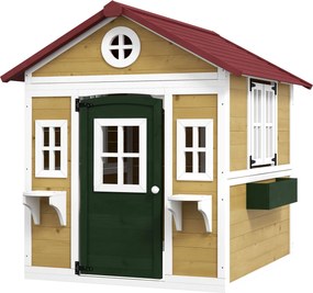 Dětská zahradní chalupa Outsunny, venkovní dům pro děti, s dveřmi, okny a truhlíky, pro děti ve věku 3-8 let, 114 x 126,4 x 135 cm, béžová